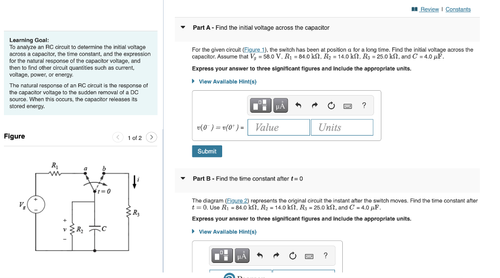 Solved Review Constants Part A - Find the initial voltage | Chegg.com