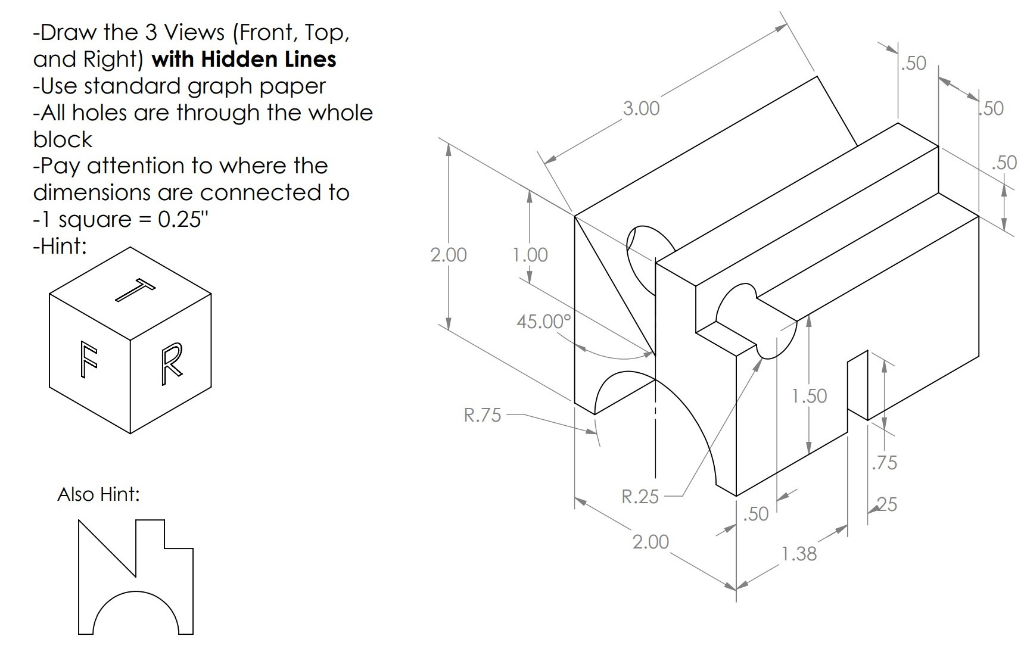 Solved 3.00 -Draw the 3 Views (Front, Top, and Right) with | Chegg.com