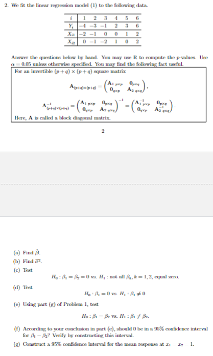 Solved 2. We fit the linear regreseion model (1) to the | Chegg.com