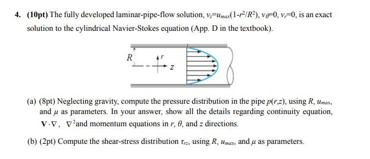Solved 4. (10pt) The fully developed laminar-pipe-flow | Chegg.com