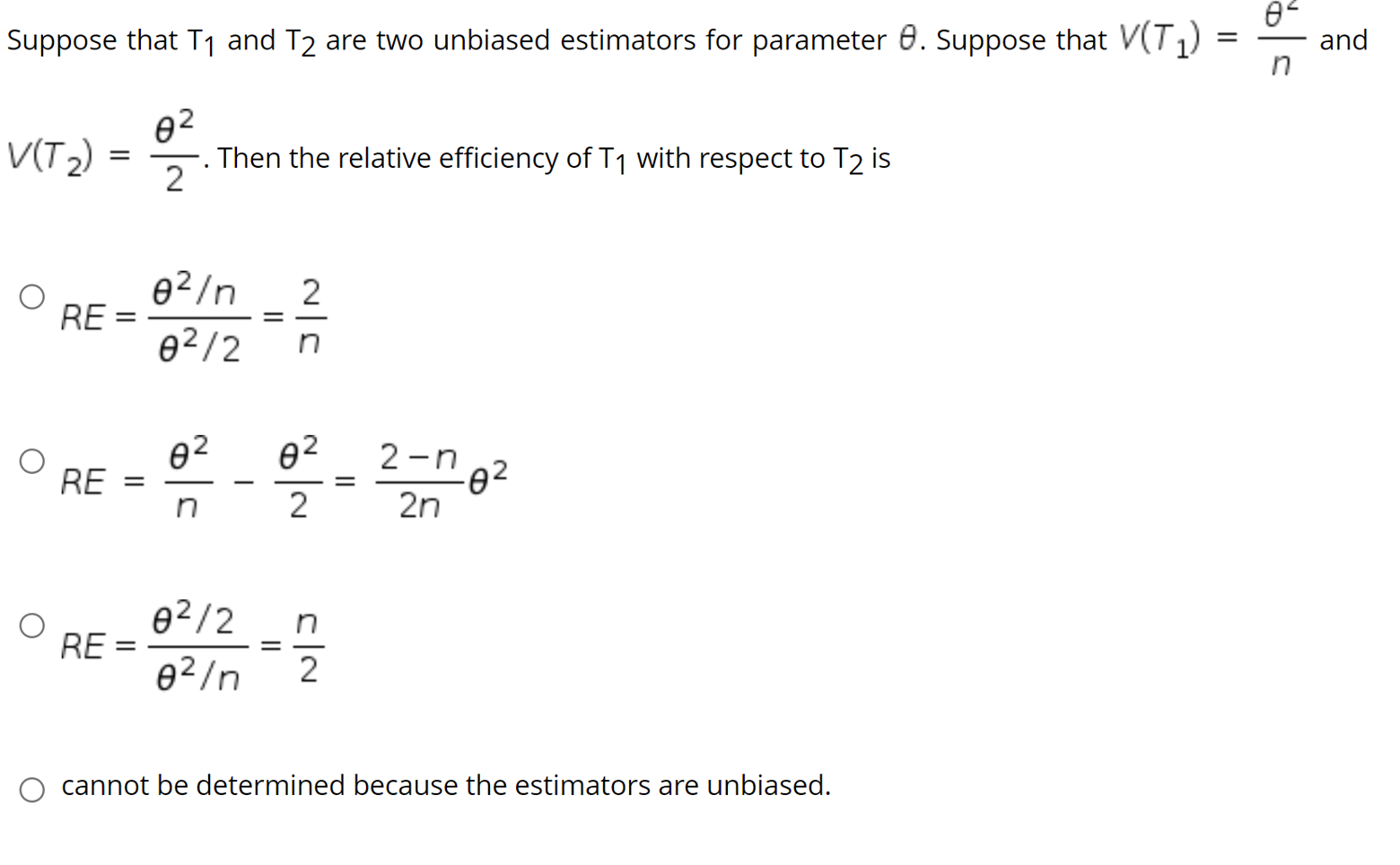 Solved 04 Suppose that T1 and T2 are two unbiased estimators | Chegg.com