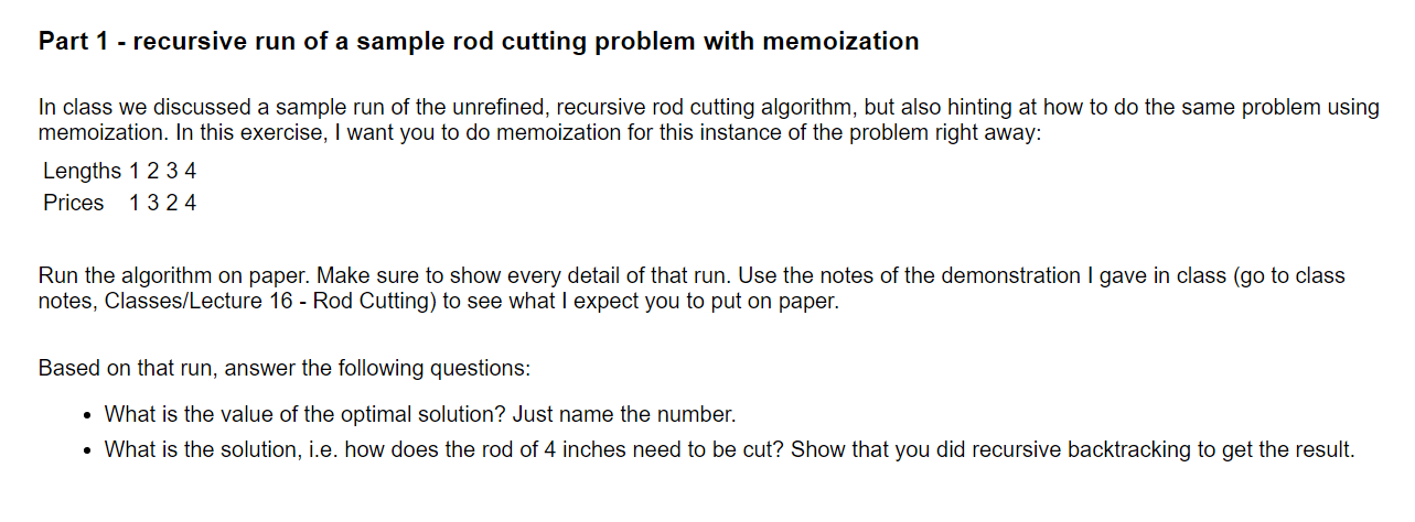 Part 1 - recursive run of a sample rod cutting | Chegg.com