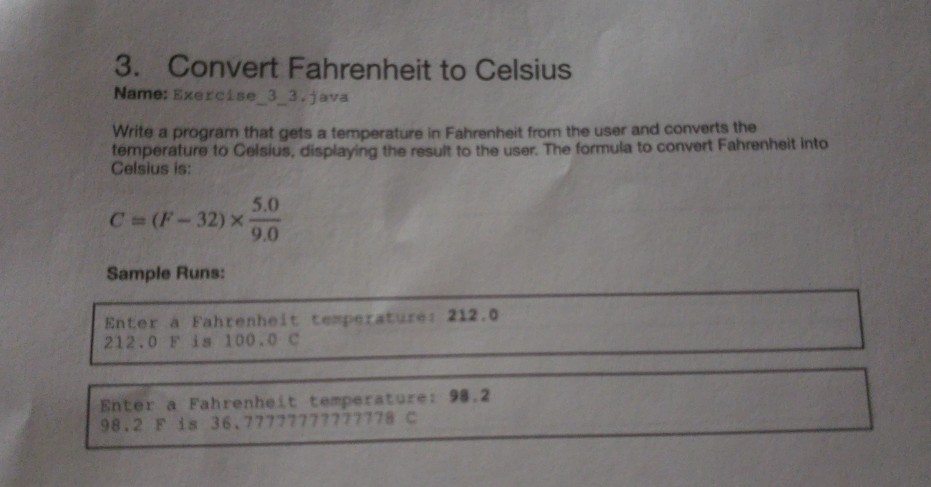 Solved 3. Convert Fahrenheit to Celsius Name: Exercise 3 | Chegg.com