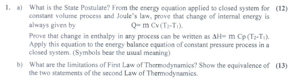 Solved 1. a) What is the State Postulate? From the energy | Chegg.com