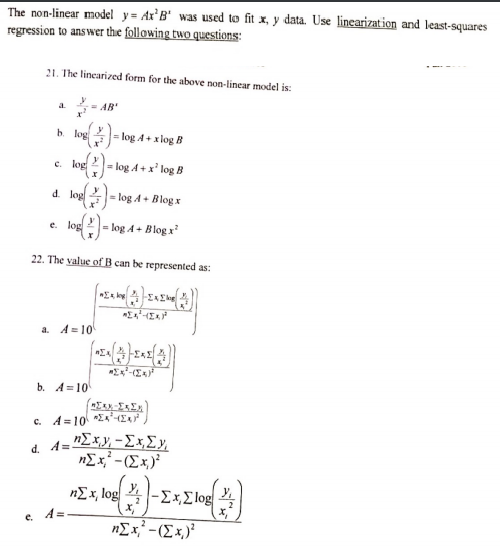 Solved The Non Linear Model Y Axb Was Used To Fit X Y