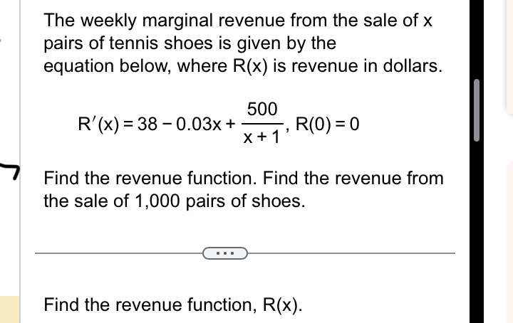 Solved The weekly marginal revenue from the sale of x pairs | Chegg.com