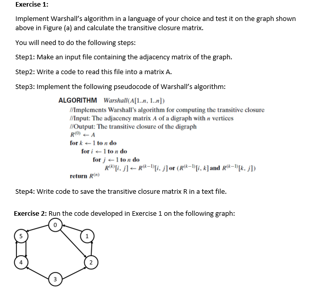 Exercise 1: Implement Warshall's algorithm in a | Chegg.com