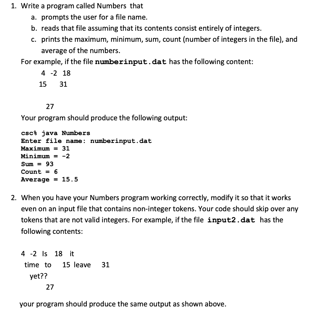 Solved 1. Write a program called Numbers that a. prompts the | Chegg.com