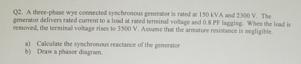 Solved Q2. A three-phase wye connected synchronous generator | Chegg.com