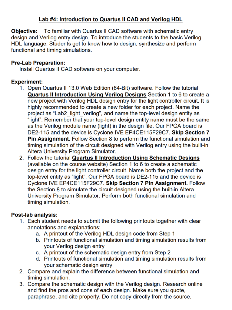 Lab #4: Introduction to Quartus II CAD and Verilog | Chegg.com