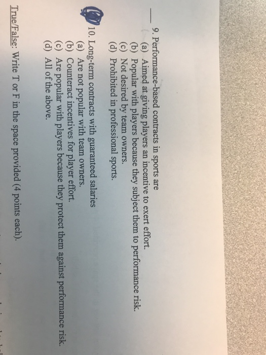Solved 9 Performance Based Contracts In Sports Are A