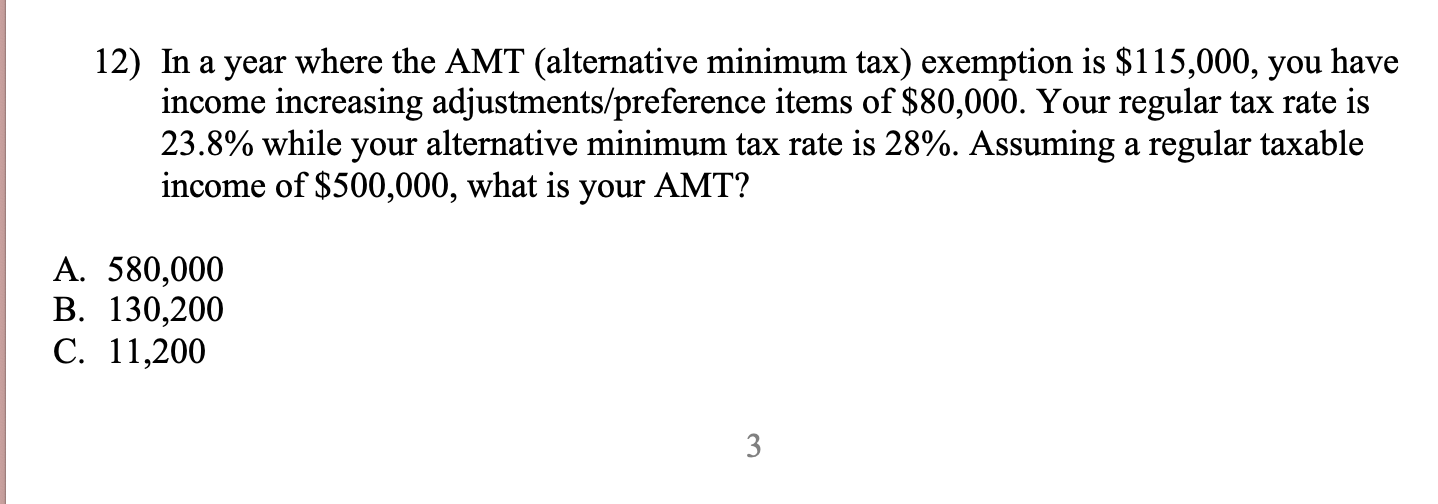 Solved 12) In a year where the AMT (alternative minimum tax) | Chegg.com