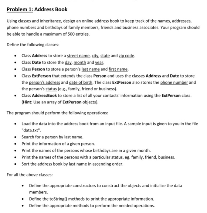 Solved Problem 1: Address Book Using classes and | Chegg.com