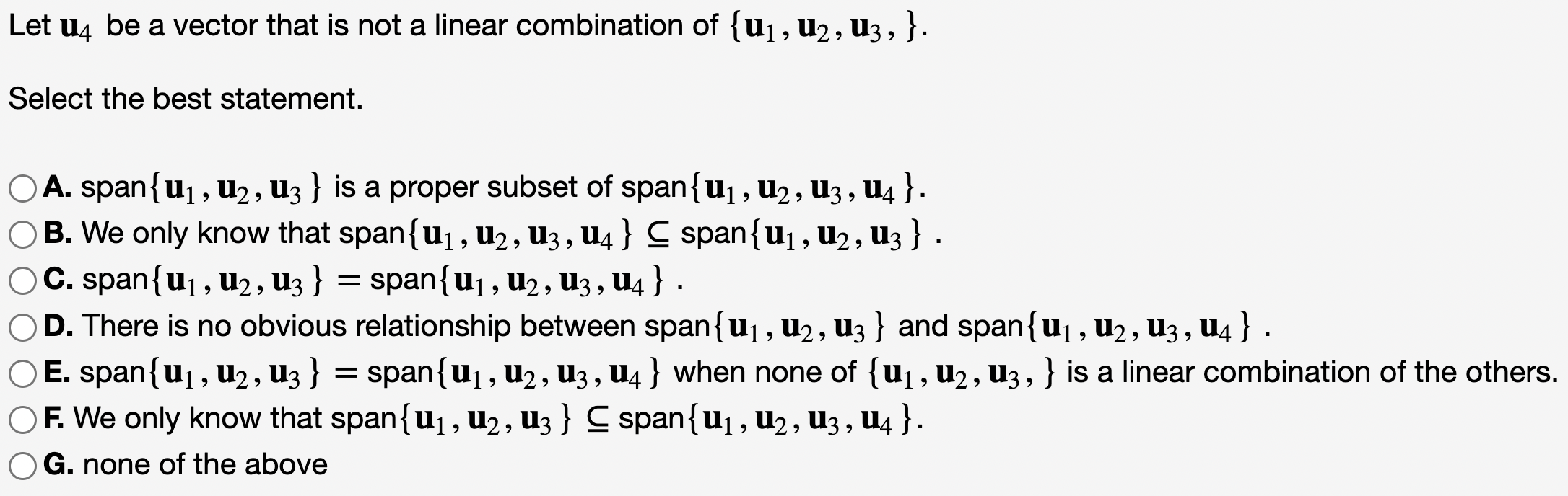 Solved Let u4 be a vector that is not a linear combination | Chegg.com