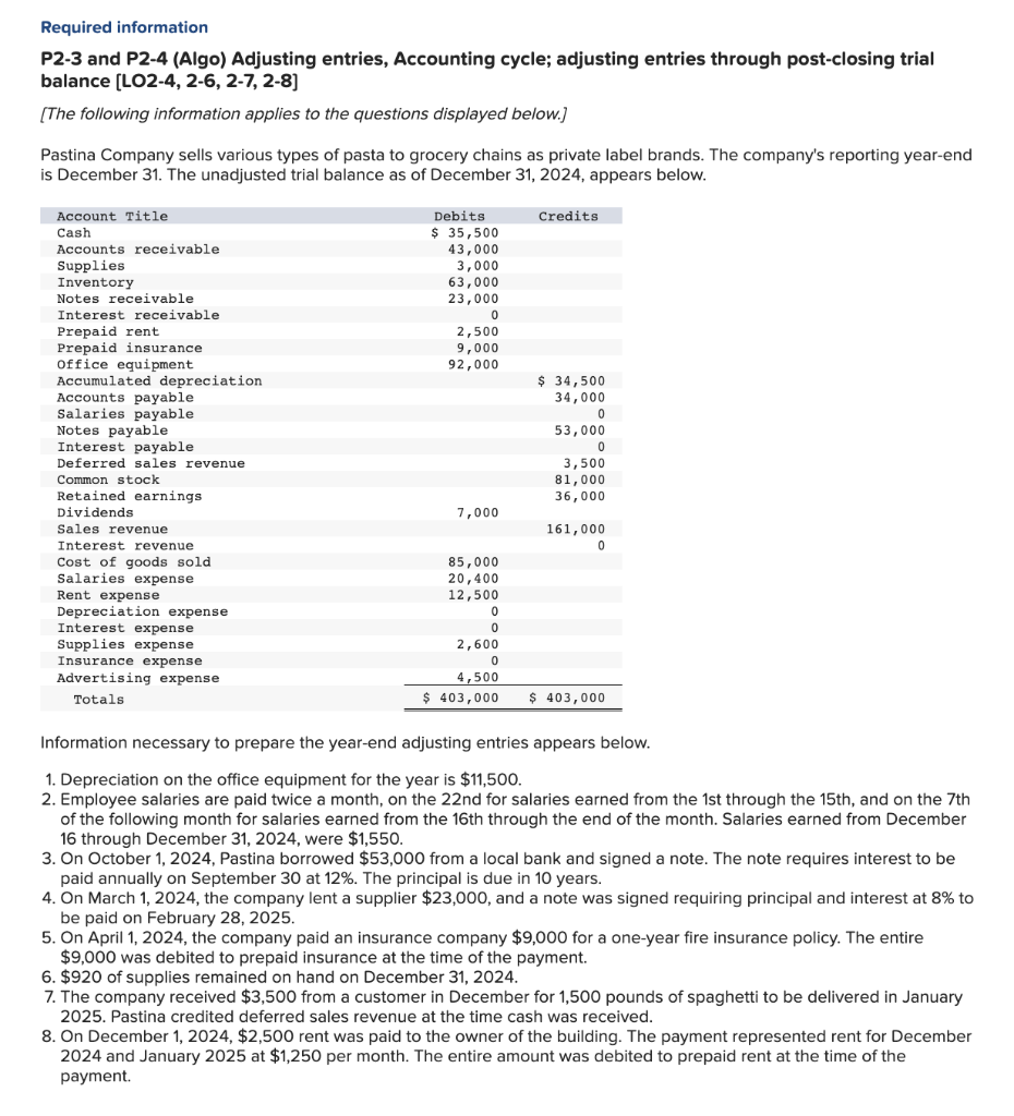 Solved Required information P2-3 and P2-4 (Algo) Adjusting | Chegg.com