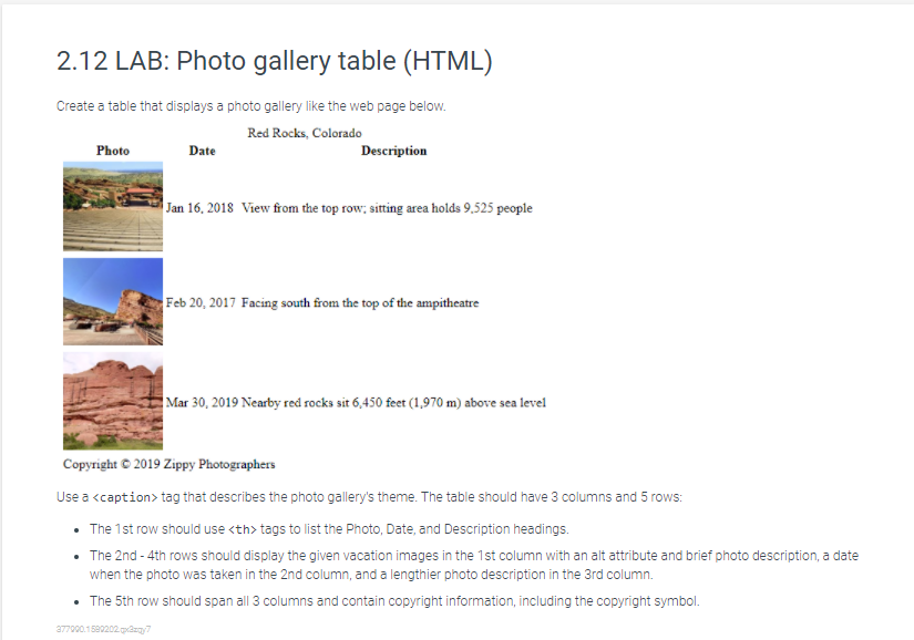 Solved 2.12 LAB: Photo gallery table (HTML) Create a table | Chegg.com