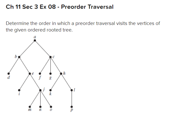 Solved Ch 11Sec3 ﻿Ex 08 - ﻿Preorder TraversalDetermine the | Chegg.com