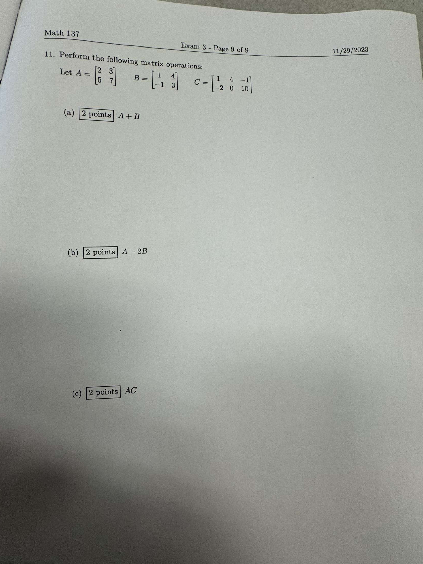 Solved Perform the following matrix operations:Let | Chegg.com