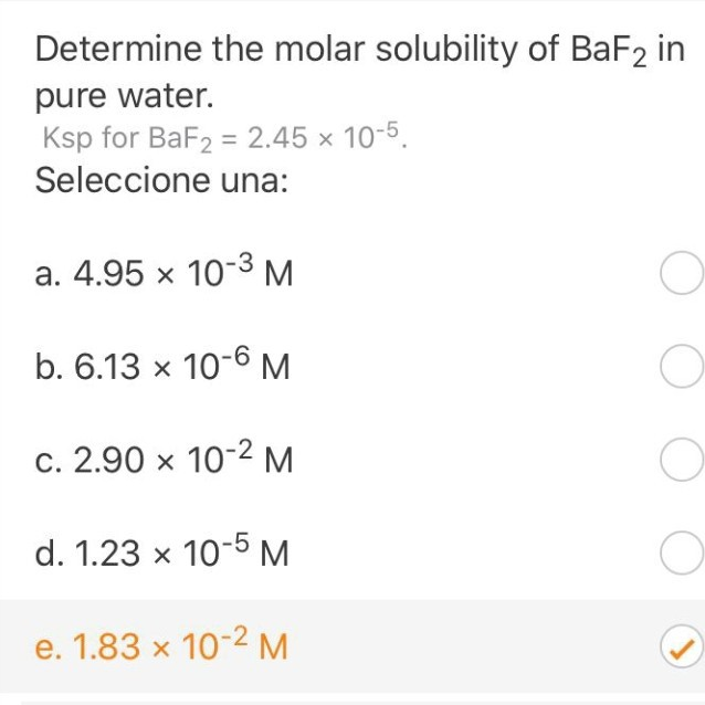 Solved Determine the molar solubility of BaF2 in pure water. | Chegg.com