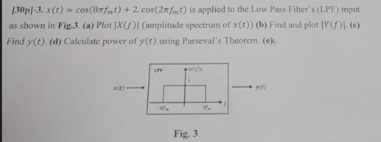Solved [30p]−3⋅x(t)=cos(8πfmt)+2⋅cos(2πfmt) is applied to | Chegg.com