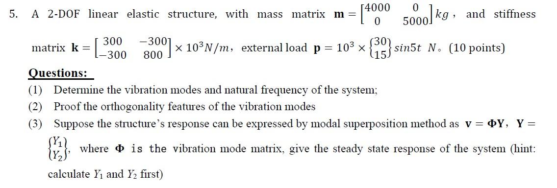 Solved 5. A 2-DOF linear elastic structure, with mass matrix | Chegg.com