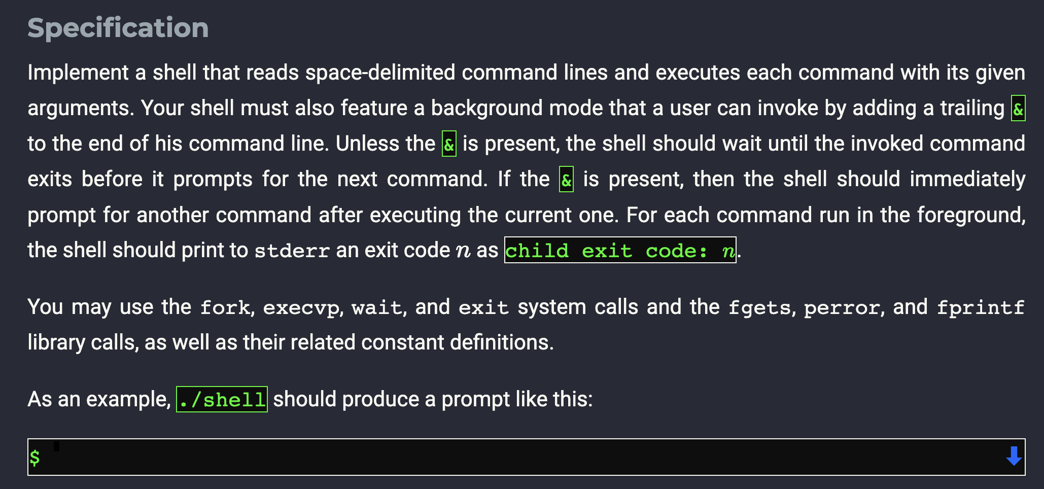 Solved Specification Implement a shell that reads | Chegg.com