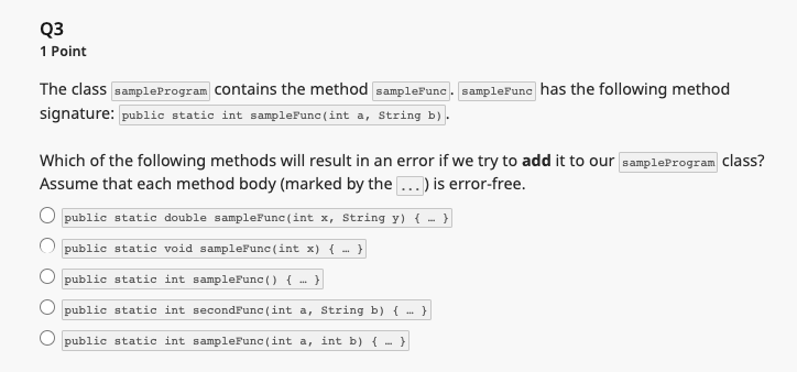 Solved 1 Point The class contains the method signature: pˉ | Chegg.com