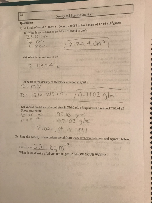 Solved 32 Density and Specific Gravity Questions: 1) A block | Chegg.com