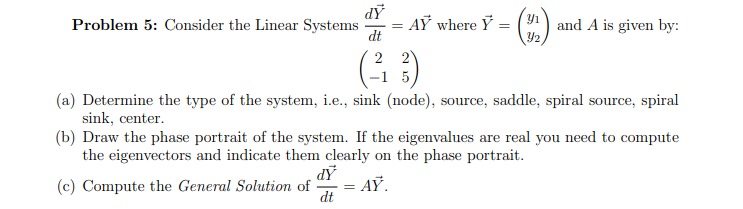 Solved Problem 5: Consider the Linear Systems dtdY=AY where | Chegg.com