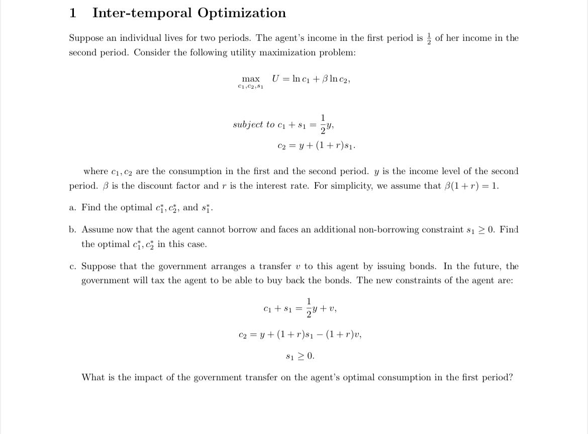 Solved 1 Inter-temporal Optimization Suppose an individual | Chegg.com