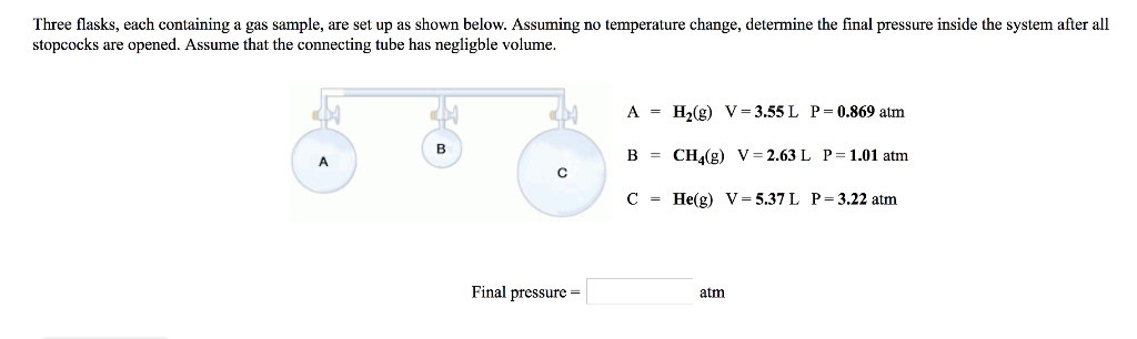 Solved Three flasks, each containing a gas sample, are set | Chegg.com