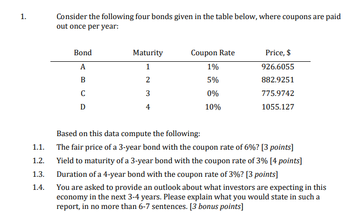 Consider the following four bonds given in the table | Chegg.com