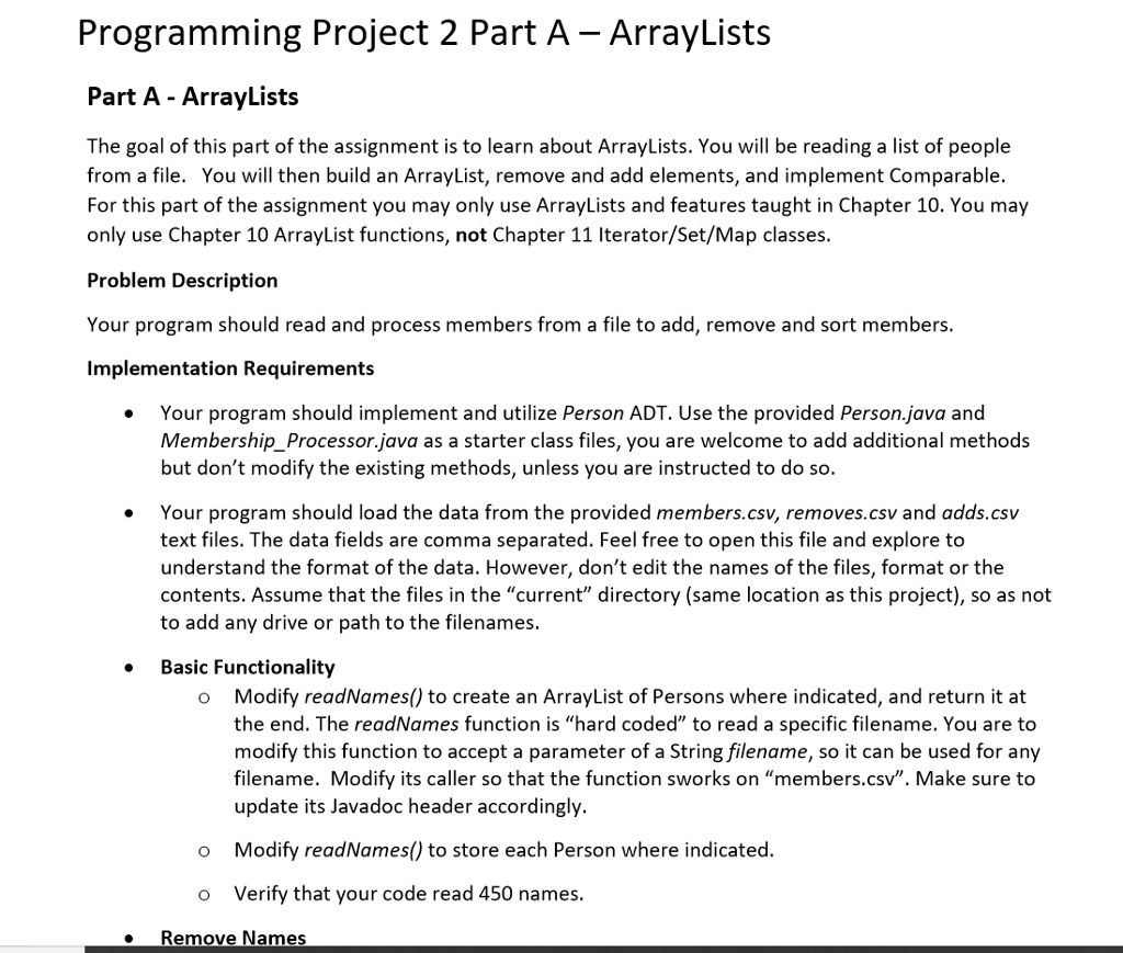 Solved Programming Project 2 Part A – ArrayLists Part A - | Chegg.com | Chegg.com