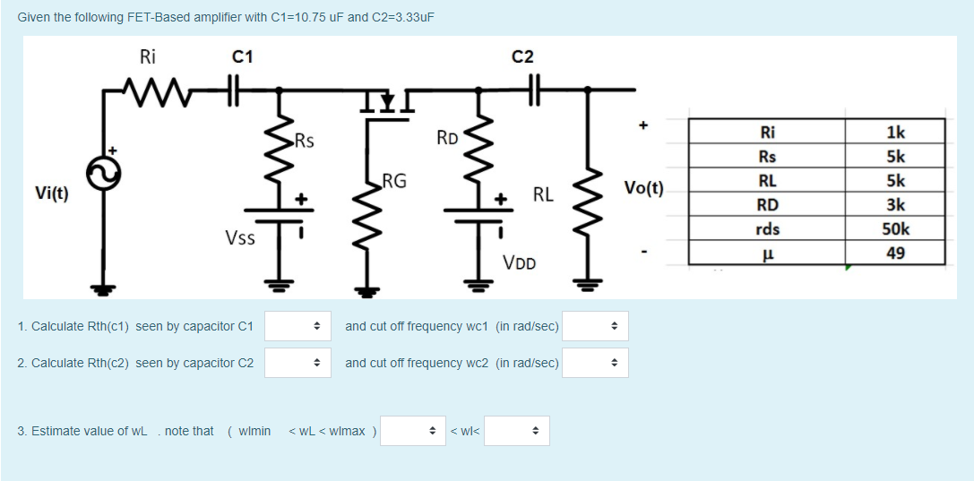 Solved Given the following FET-Based amplifier with C1=10.75 | Chegg.com