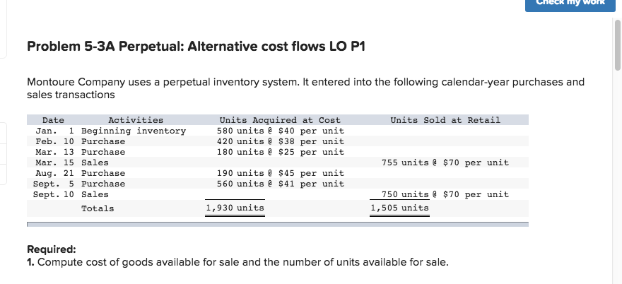 Solved Check my work Problem 5-3A Perpetual: Alternative | Chegg.com