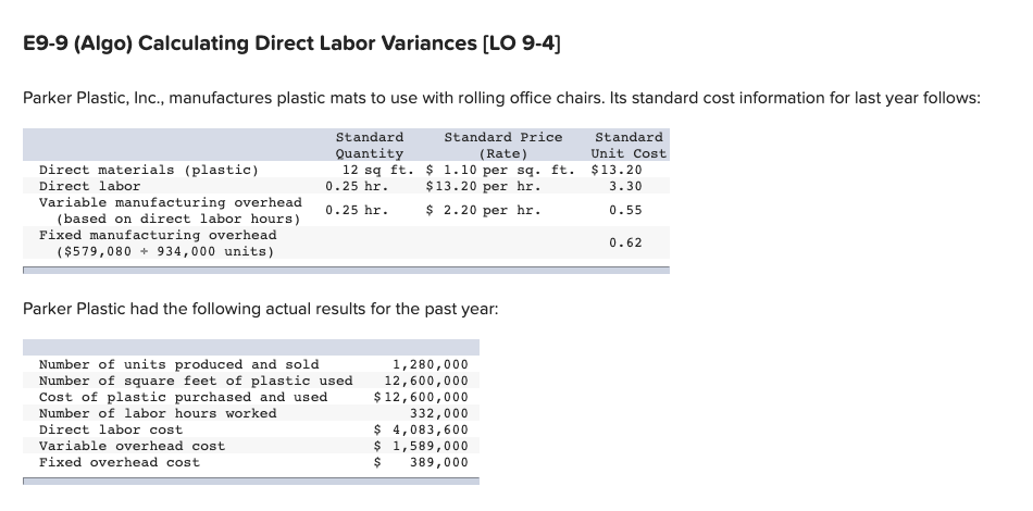 Solved E9-9 (Algo) Calculating Direct Labor Variances [LO | Chegg.com
