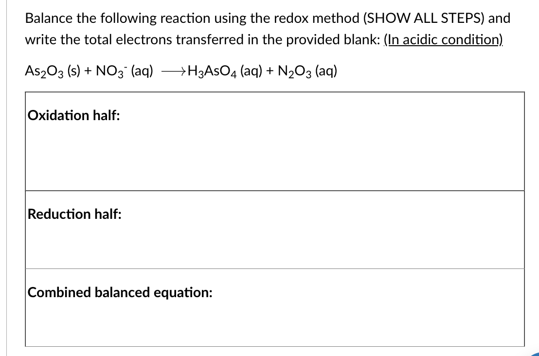 Solved Balance the following reaction using the redox method | Chegg.com