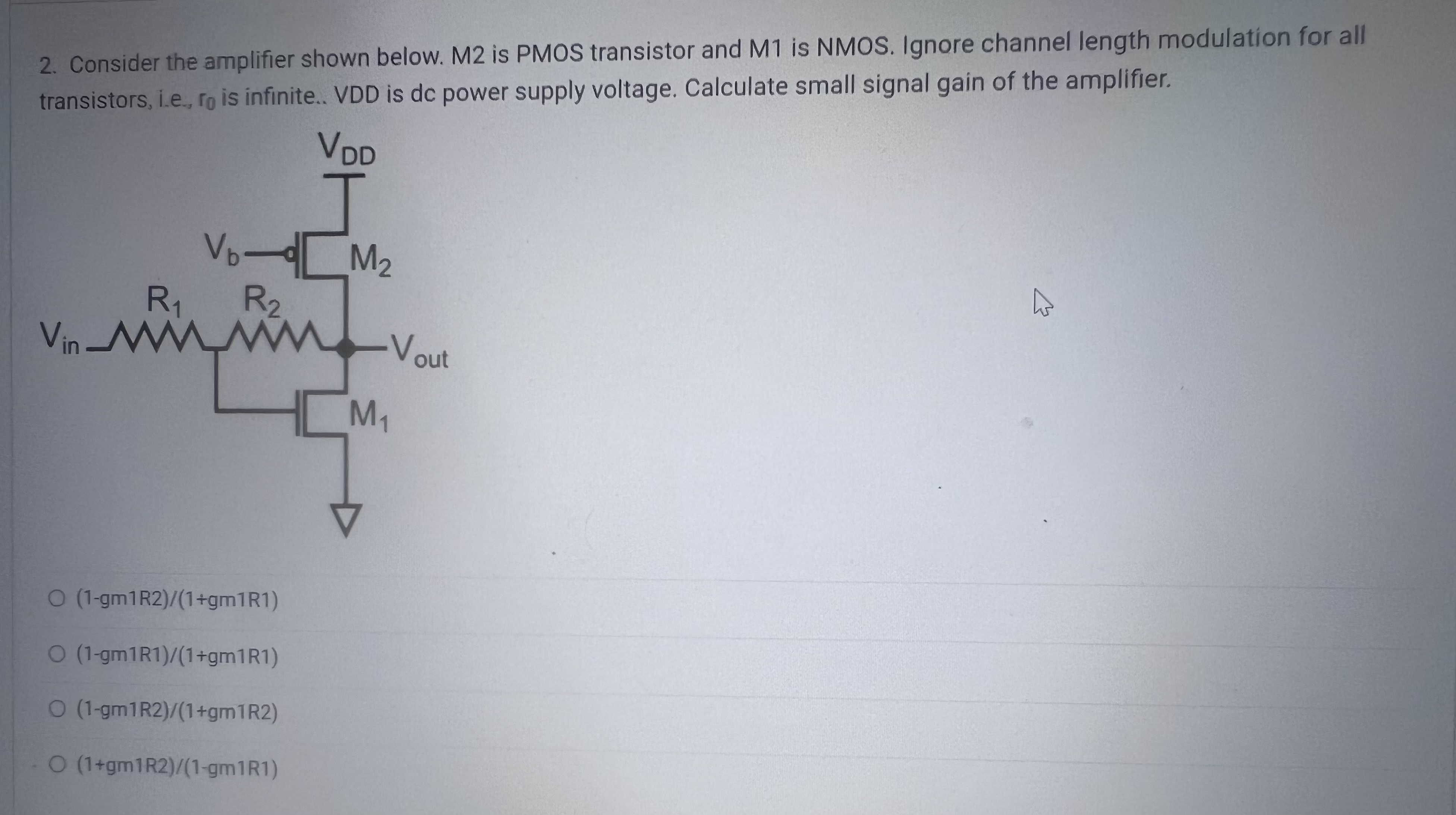 Solved 2. Consider the amplifier shown below. M2 is PMOS | Chegg.com