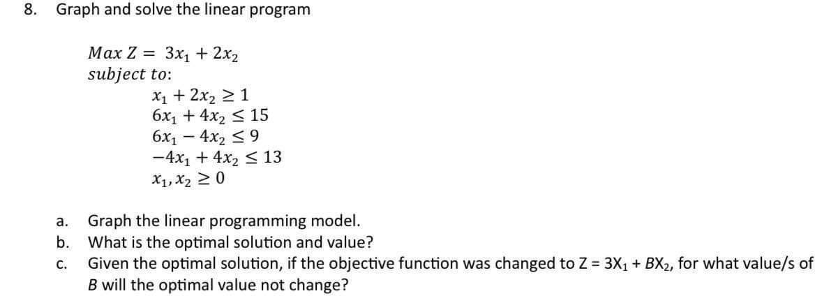Solved 8. Graph and solve the linear program MaxZ=3x1+2x2 | Chegg.com