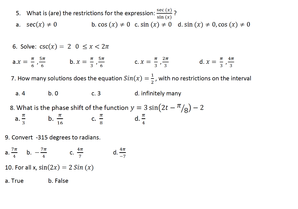Solved sec (x) 5. What is (are) the restrictions for the | Chegg.com
