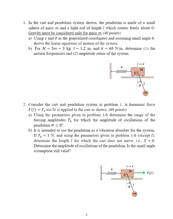 Solved 1. In the cart and pendulum system shown, the | Chegg.com