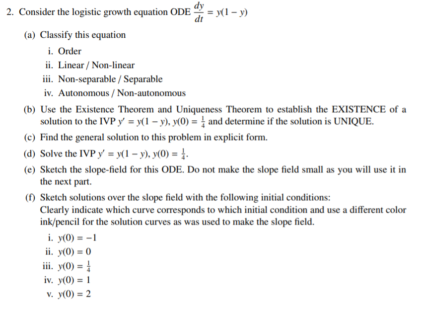Solved 2. Consider the logistic growth equation ODE> = y(1 - | Chegg.com