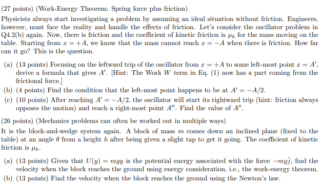 Solved (27 points) (Work-Energy Theorem: Spring force plus | Chegg.com