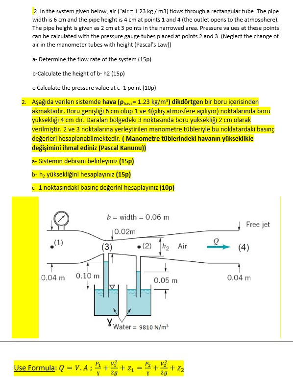 Solved 2. In the system given below, air ("air = 1.23 kg/m3) | Chegg.com