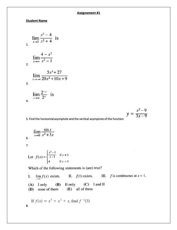 Solved Student Name 1. 2. is 5x³+27 20x²+10x +9 is 4. ²-9 y | Chegg.com