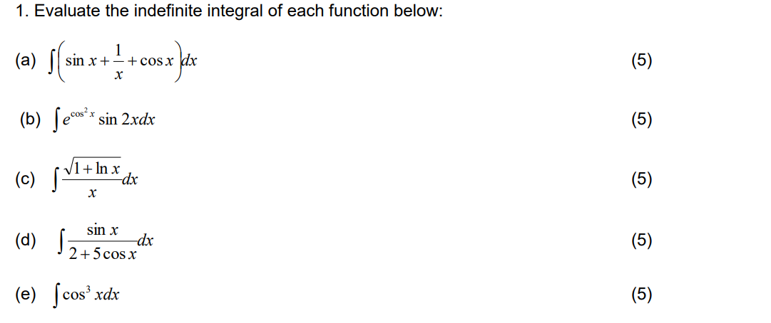 Solved 1. Evaluate the indefinite integral of each function | Chegg.com