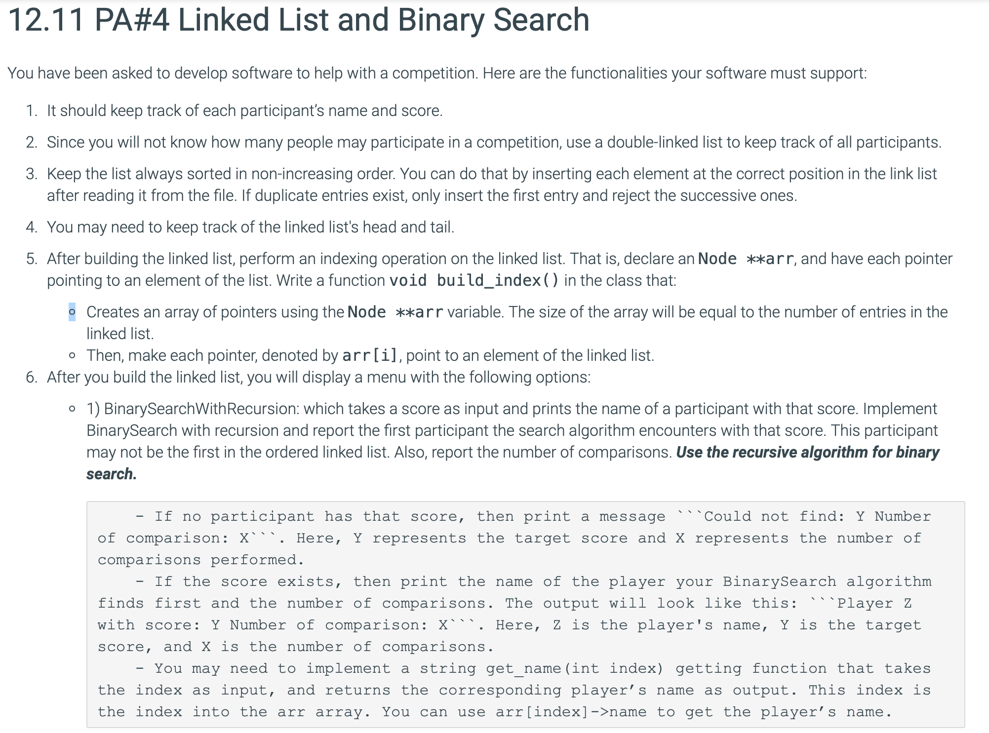 Solved 12.11 PA\#4 Linked List and Binary Search You have | Chegg.com