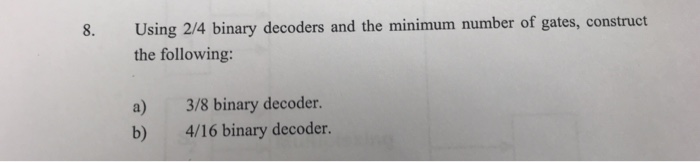Solved 8. Using 2/4 binary decoders and the minimum number | Chegg.com