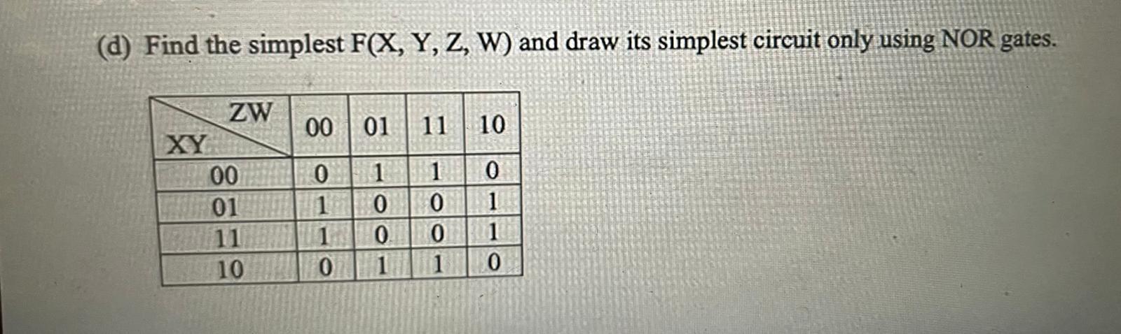 Solved (d) Find the simplest F(X,Y,Z,W) and draw its | Chegg.com