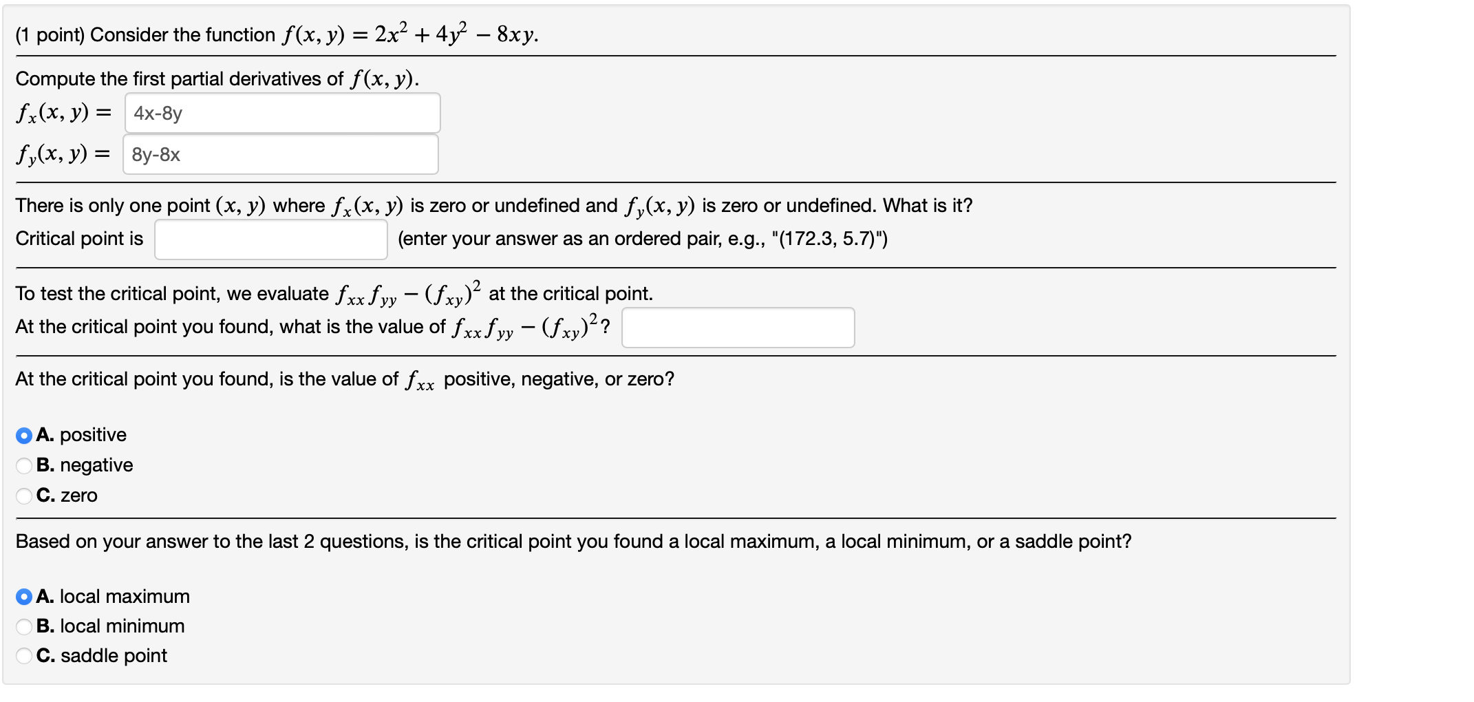 Solved (1 point) Consider the function f(x,y)=2x2+4y2−8xy. | Chegg.com